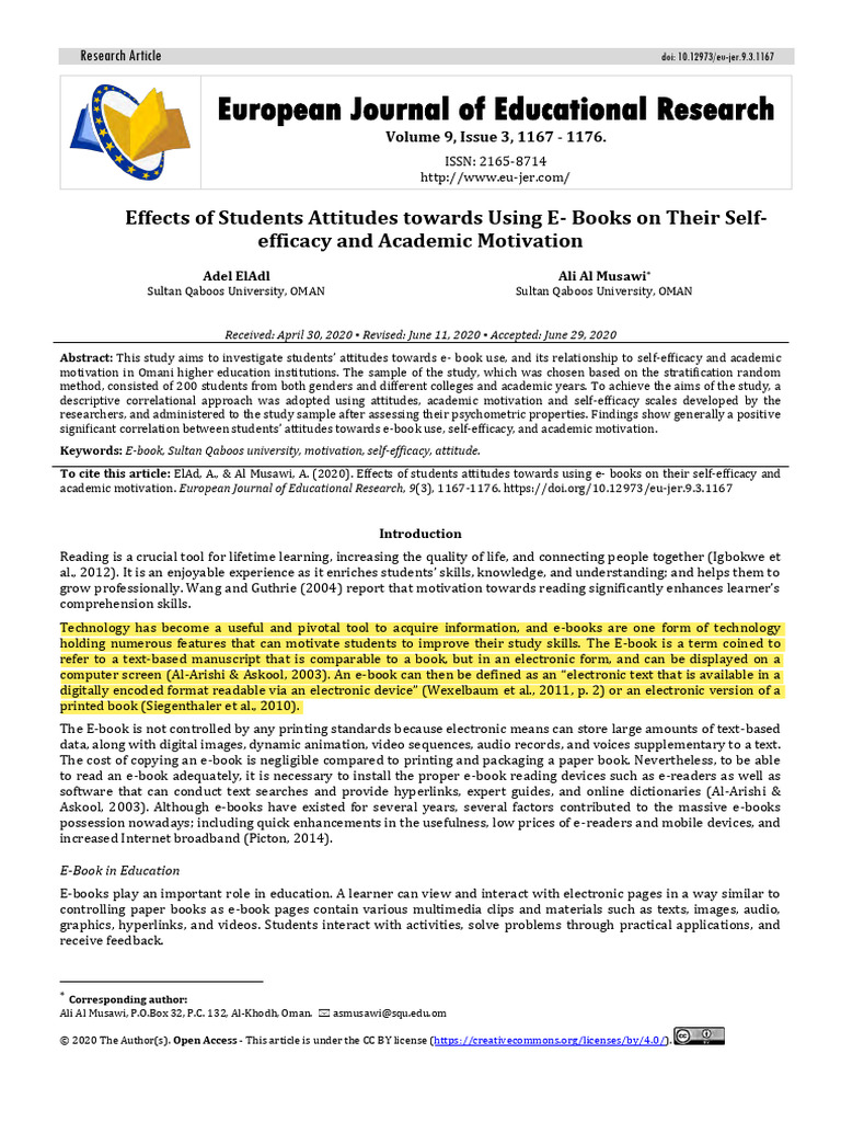 Effects of Students Attitudes Towards Using E - Books On Their Self ...