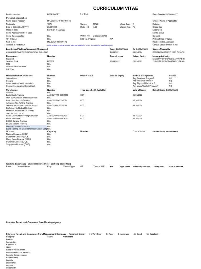 Deck Cadet CV for Maritime Position | PDF | Shipping