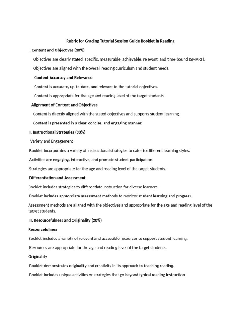 Rubric-for-Grading-Tutorial-Session-Guide-Booklet-in-Reading | PDF | Educational Assessment ...
