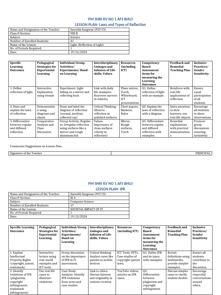 Lesson Plan Light Reflection | PDF | Relational Database | Databases