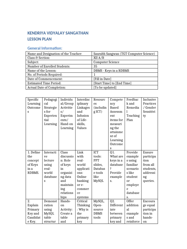 Lesson Plan Keys Rdbms Pdf Databases Relational Database