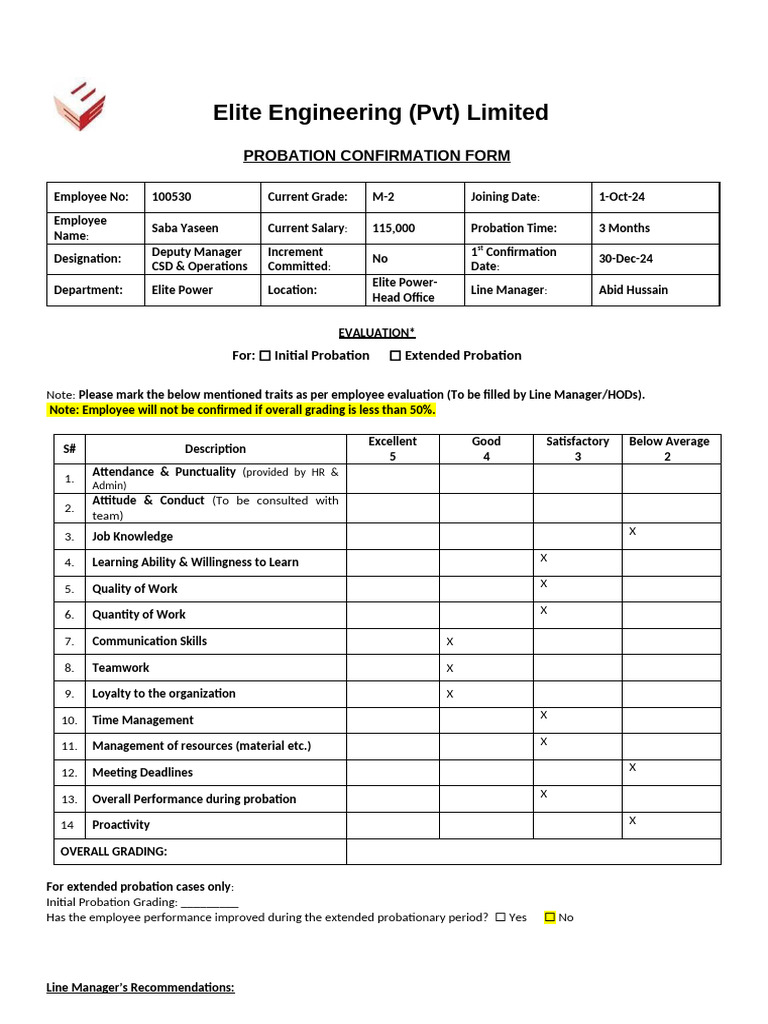 Probationary Form Saba Yaseen(Abid Hussain) | PDF | Performance ...