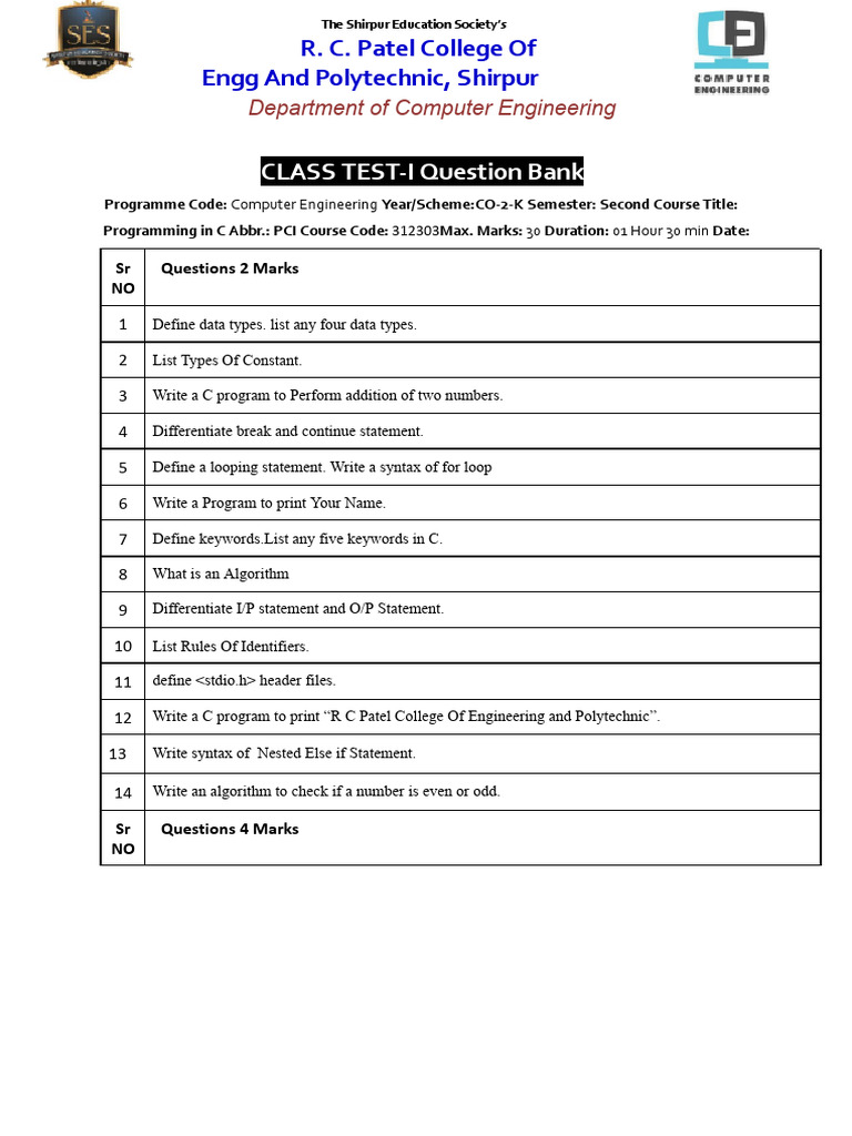 C Programming Test Questions Bank | PDF