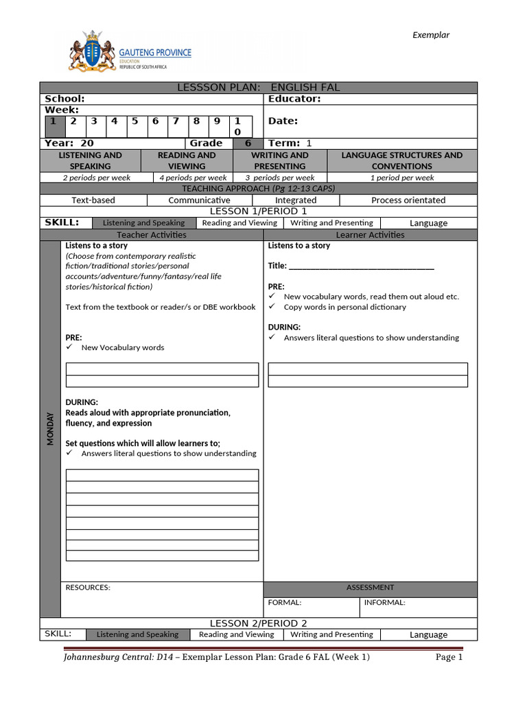 Lesson Plan Fal GR 6 Term 1 Week 1 | PDF | Vocabulary | Fluency