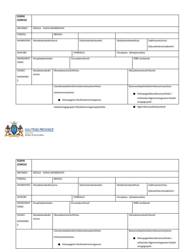 Blank Isizulu HL Lesson Plan Template | PDF