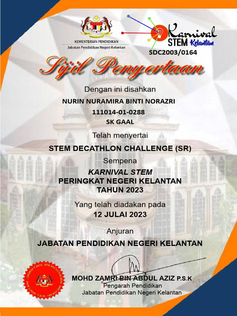 Sijil Stem Decathlon Nurin Nuramira Binti Norazri | PDF