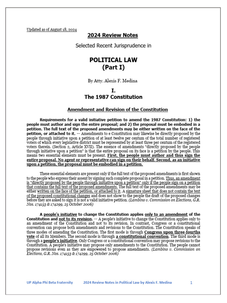 Bar 2024 - Political Law Part I - By AF Medina - UP APB v3 | PDF | Territorial Waters | Justice