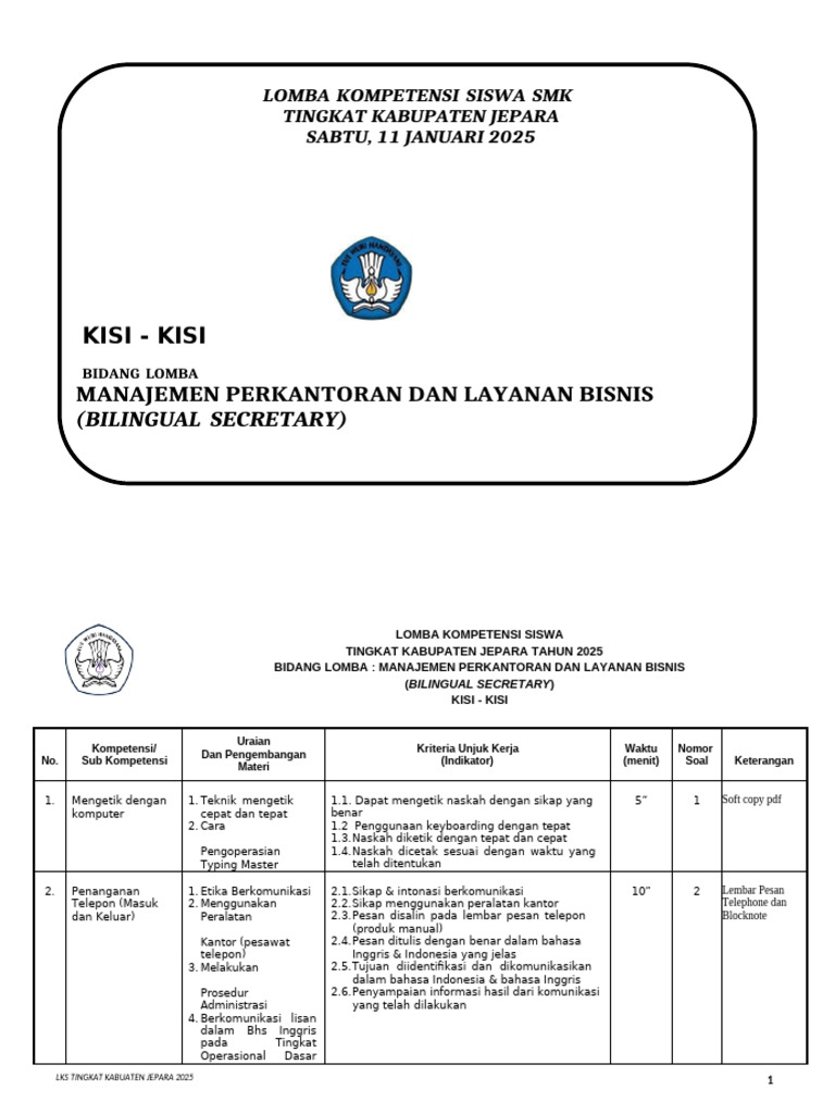 Kisi-kisi LKS 2025 Kab Jepara | PDF