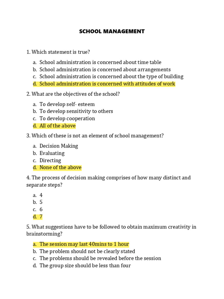 School Management Questions and Answers | PDF | Montessori Education ...