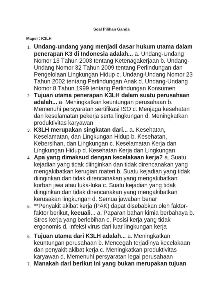 Soal k3lh Latihan 1 20 - 1-2025 | PDF