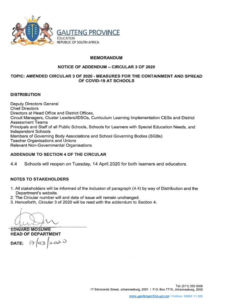 Addendum Circular 3 of 2020 Measures For The Containment and Spread OF ...