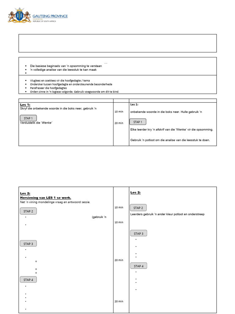 Grade 9 Afrikaans (HT) Opsomming Lesbeplanning | PDF
