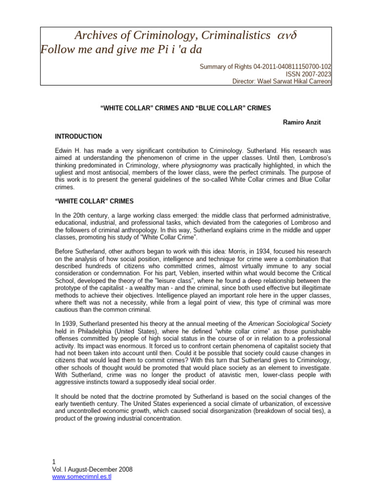 White Collar vs. Blue Collar Crimes Analysis | PDF | Crimes | Crime & Violence