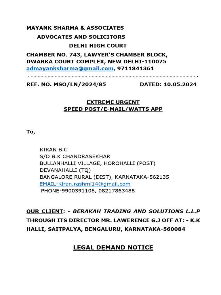 Kiran Notice at Mr. Lawrence Pre Final | PDF | Damages | Public Law