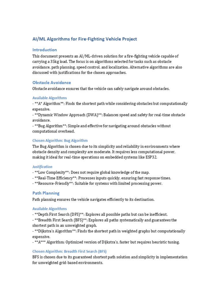 AI/ML Algorithms for Fire-Fighting Vehicle | PDF | Algorithms | Computer Science