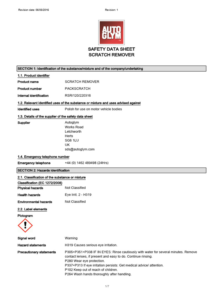 Scratch Remover Safety Data Sheet | PDF | Dangerous Goods | Chemical ...