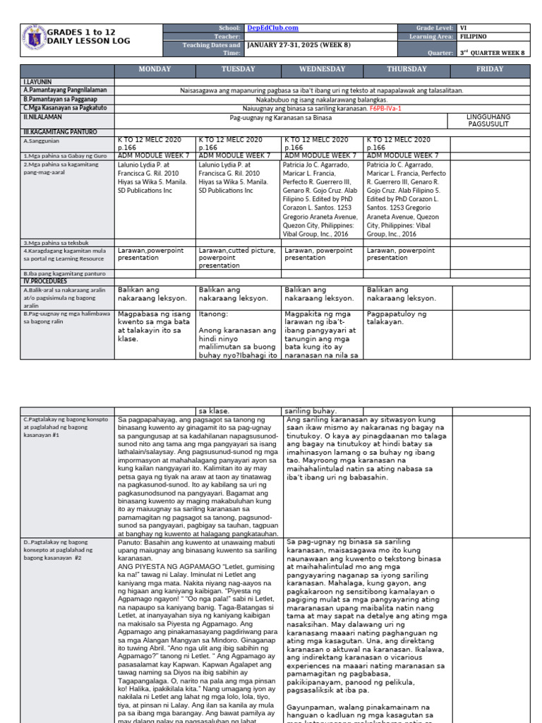 DLL - Filipino 6 - Q3 - W8 | PDF