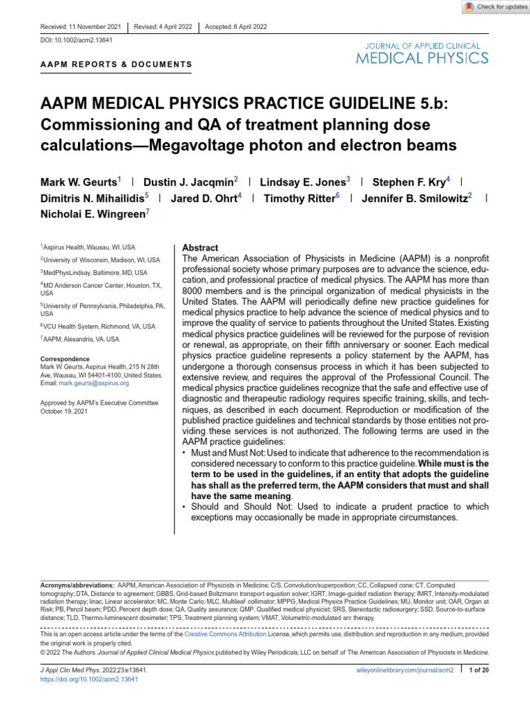 J Applied Clin Med Phys - 2022 - Geurts - AAPM MEDICAL PHYSICS PRACTICE GUIDELINE 5 B ...