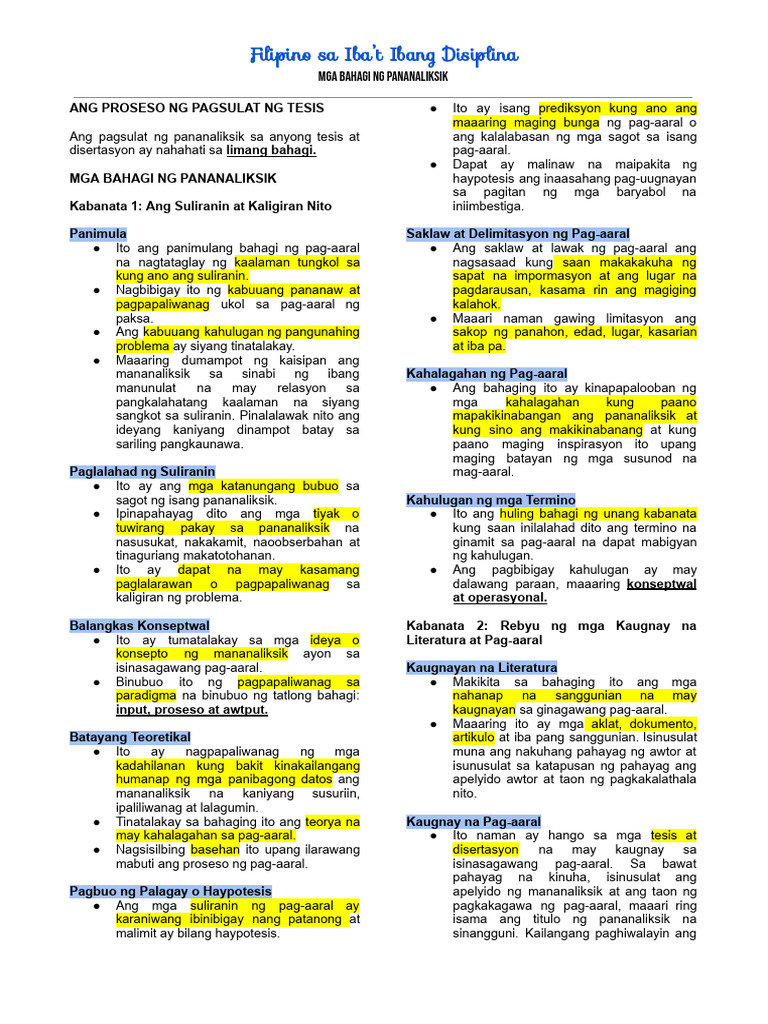 FILDIS - Mga Bahagi NG Pananaliksik | PDF