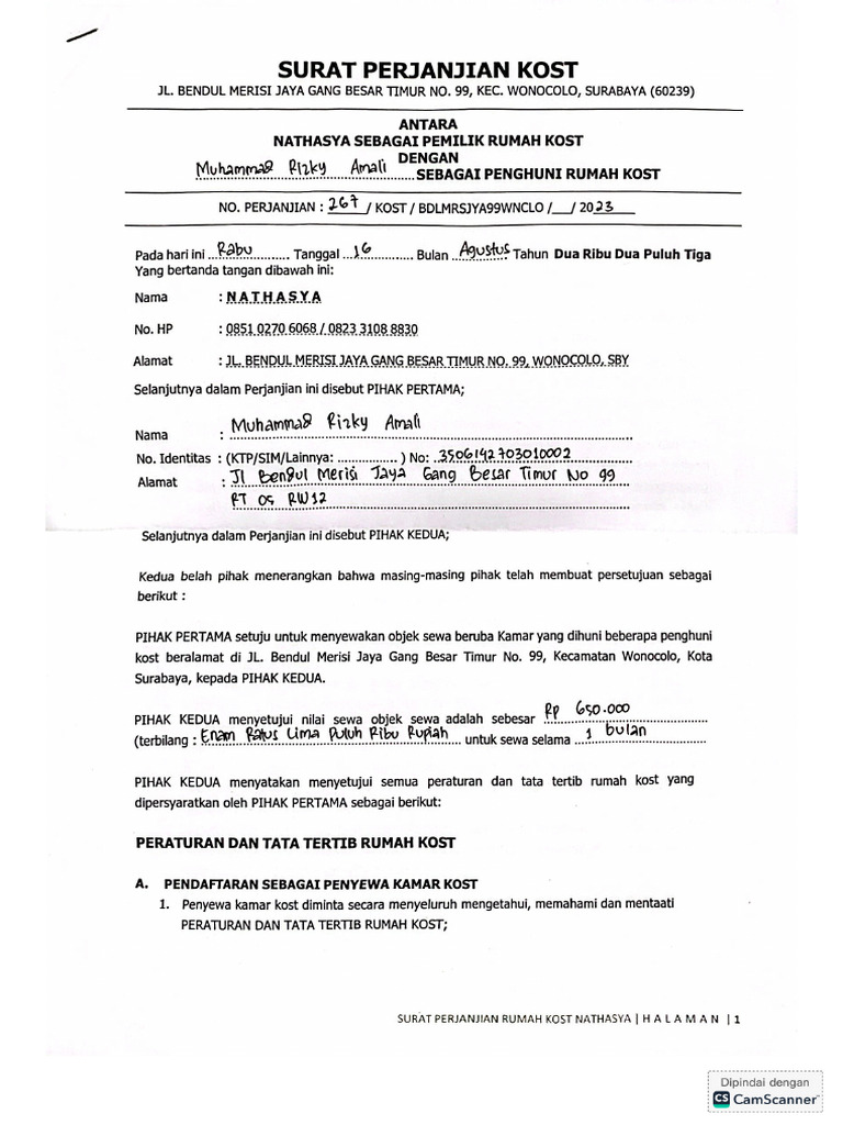 Surat Perjanjian Kos | PDF