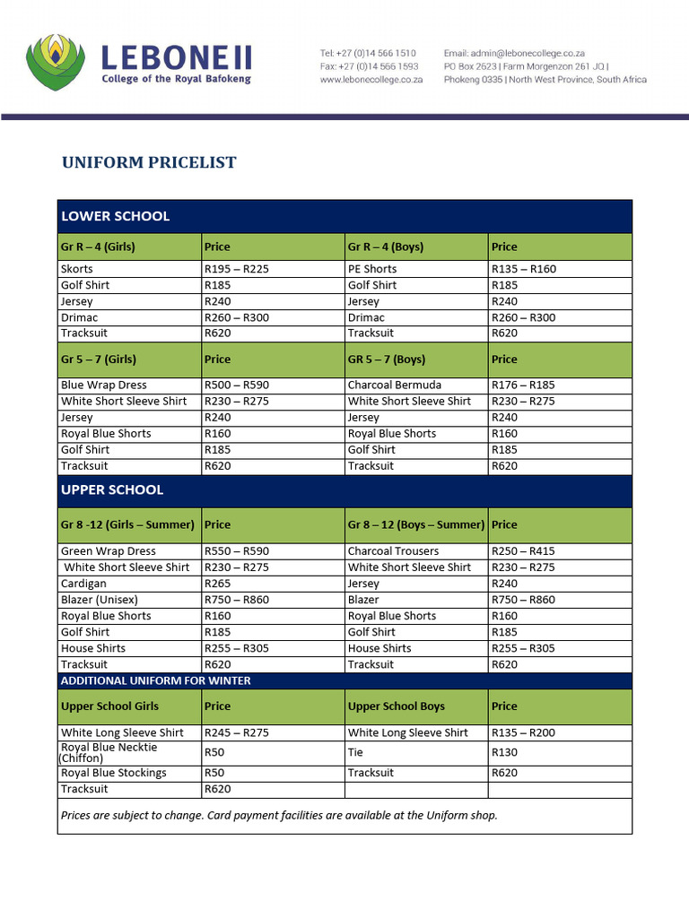 Lebone II College Uniform Pricelist | PDF | Fashion | Clothing