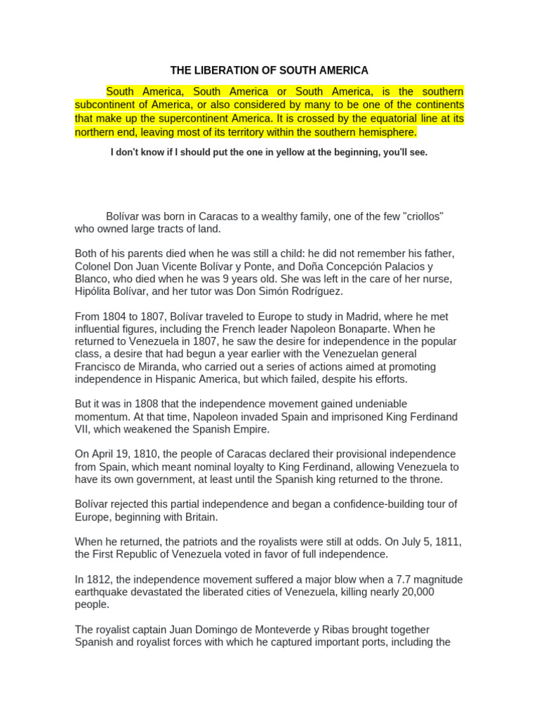 Bolívar and South America's Liberation | PDF | South America | Spanish ...