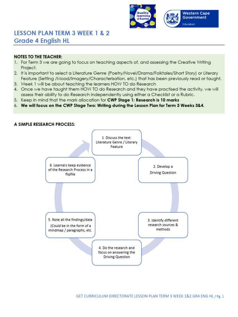 Lesson Plan Gr4 English HL T3 W1&2 | PDF | Lesson Plan | Curriculum