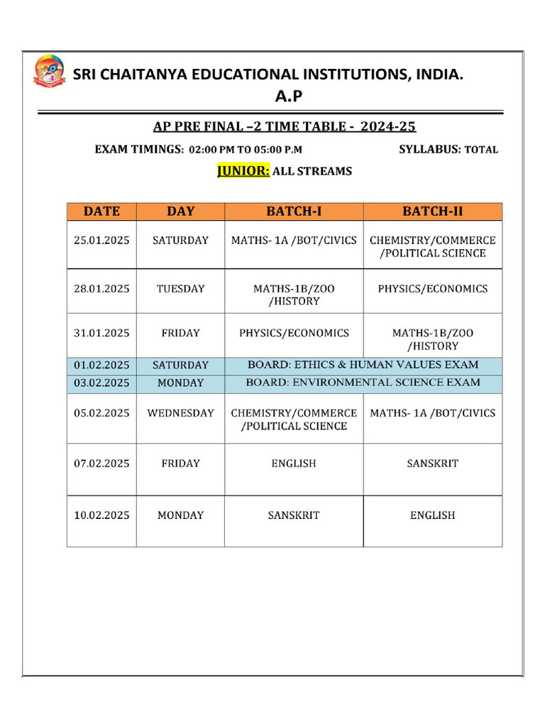 Ap JR & SR - Pre Final-2 & 3 - Exam Time Table-2024-25 | PDF