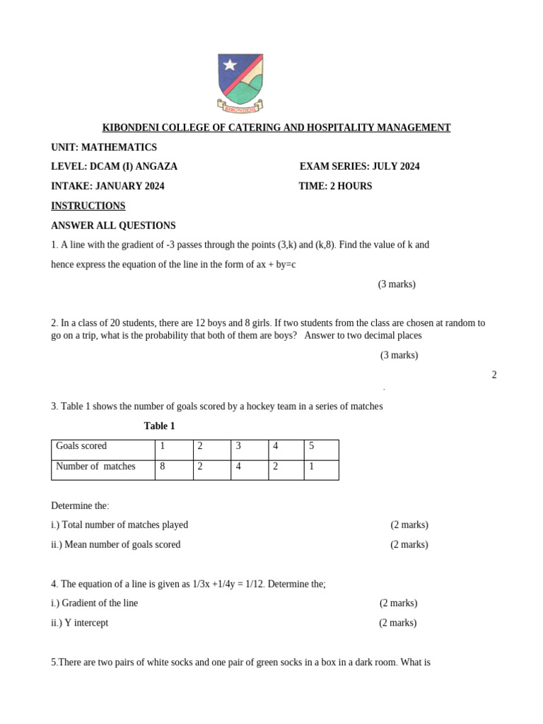 Dcam Angaza Exam July 2024 | PDF | Applied Mathematics | Mathematics