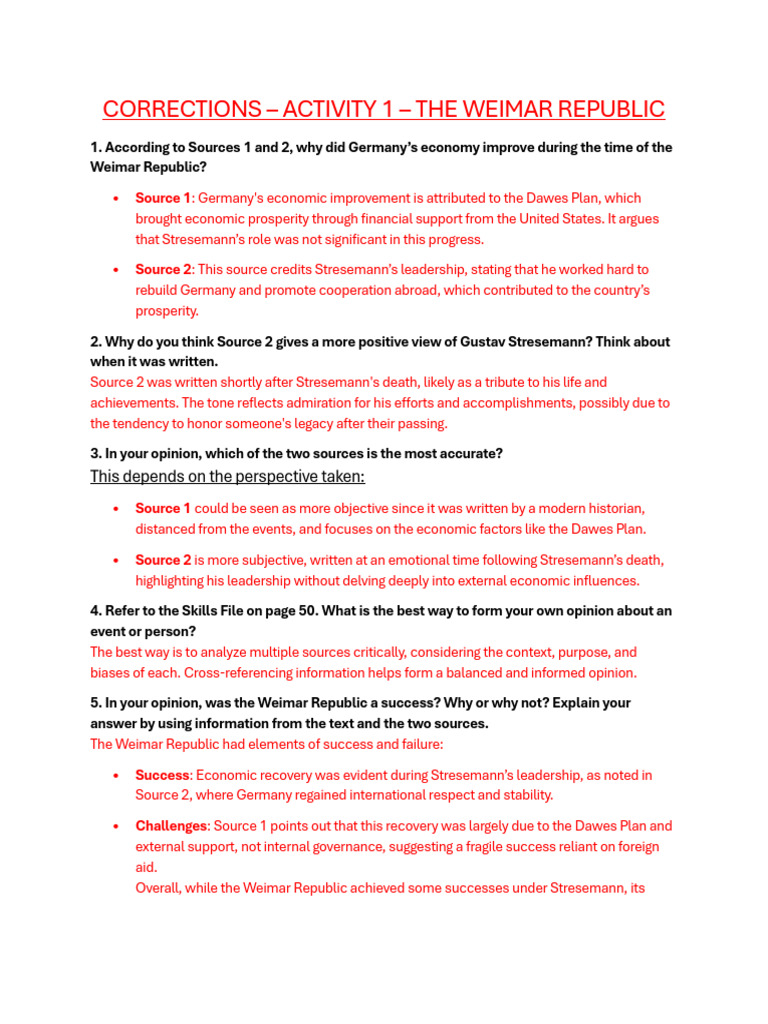 Corrections - Activity 1 - The Weimar Republic | PDF | Weimar Republic | Dawes Plan