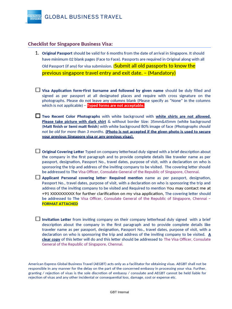 Chennai Singapore Check List GBT | PDF | Travel Visa | Passport