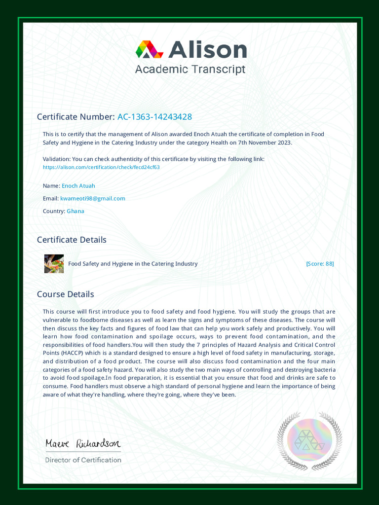 Alison Certificate Transcript Food Safety and Hygiene in The Catering ...
