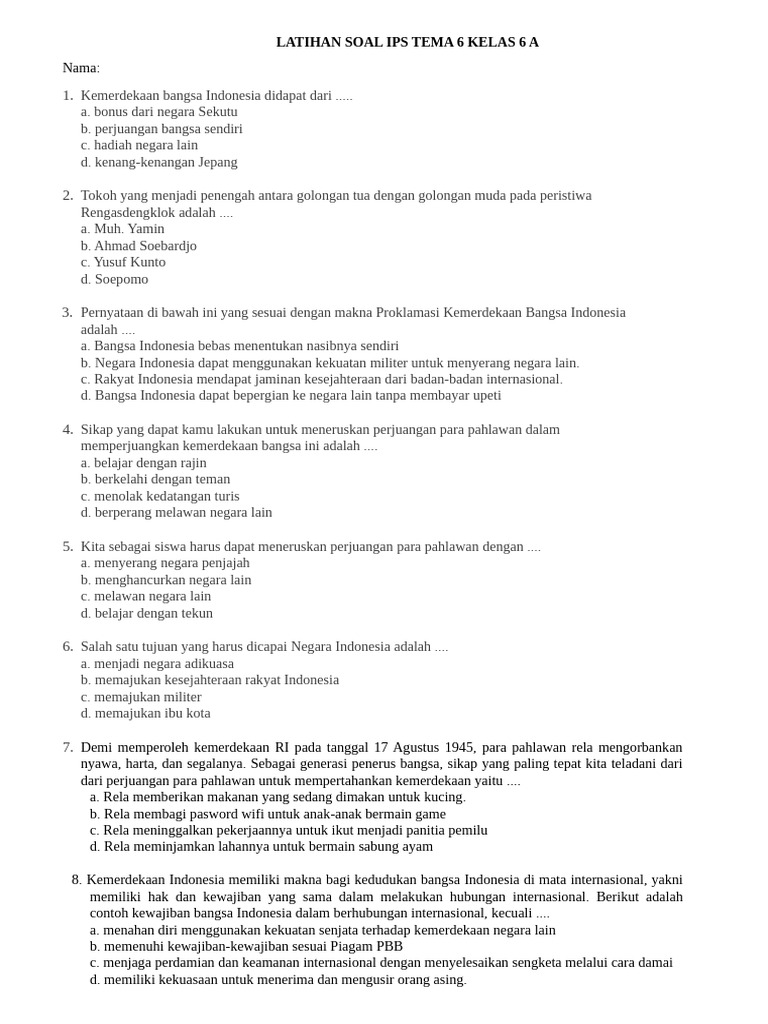 Latihan Soal Ips Tema 6 Kelas 6 A | PDF