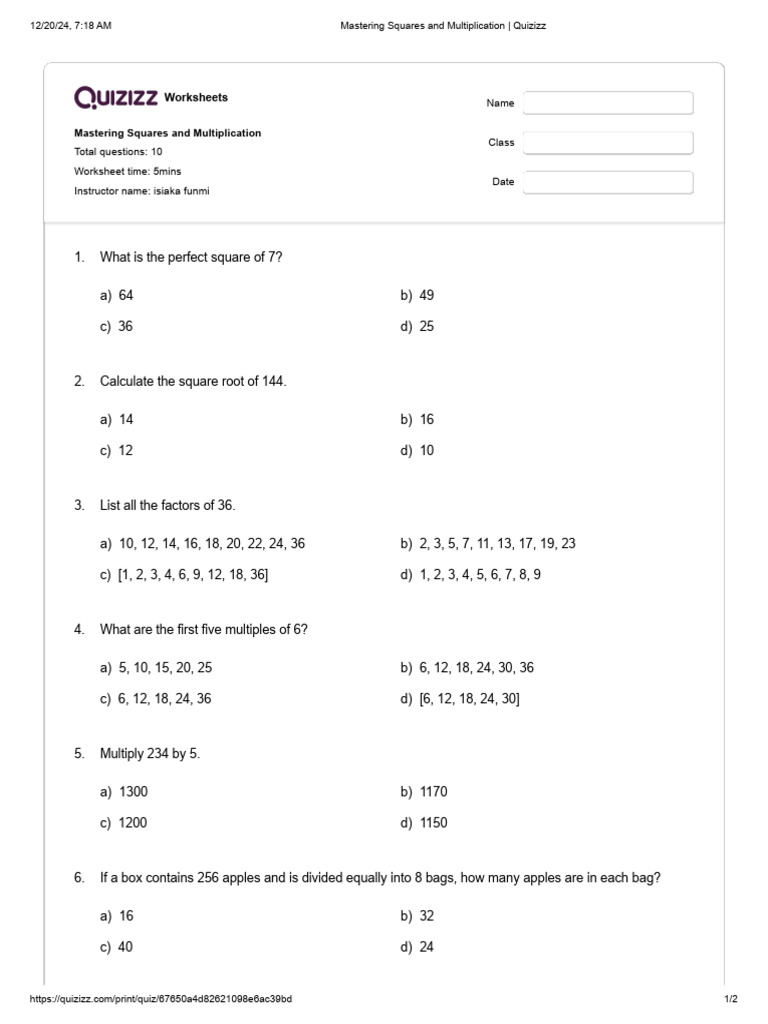 Mastering Squares and Multiplication - Quizizz | PDF | Multiplication ...
