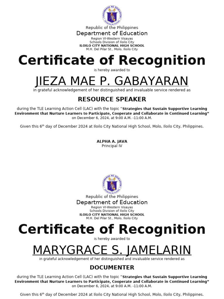 LAC Certificate 2024-2025 | PDF | Learning | Behavior Modification