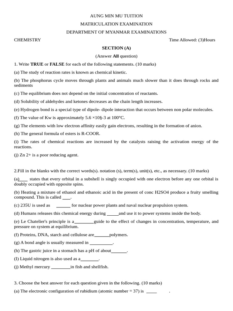 AUNG MIN MU TUITION Chem 5&6 Question | PDF | Chemical Reactions | Chemical Bond