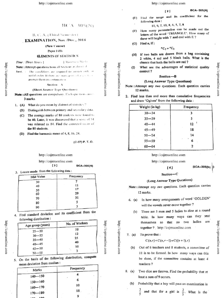Bca 3 Sem Elements of Statistics Bca 305n Dec 2018 | PDF