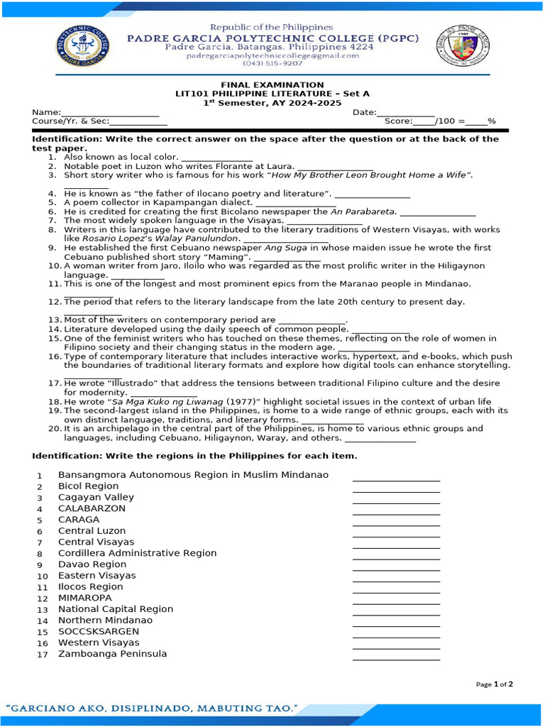 Philippine Literature Midterm Exam | PDF | Mindanao | Philippines