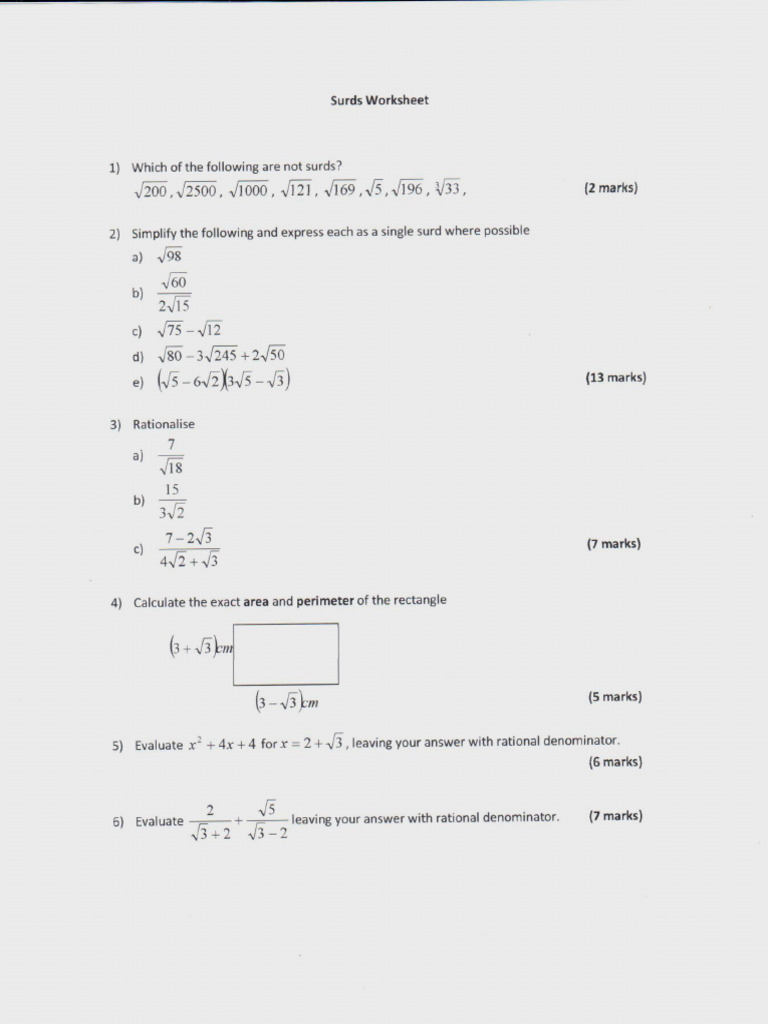 Surds Worksheets | PDF