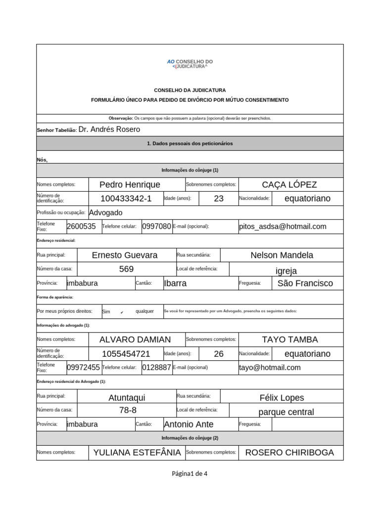 Formulário Único para Pedido de Divórcio Por Mutuo Consentimento | PDF ...