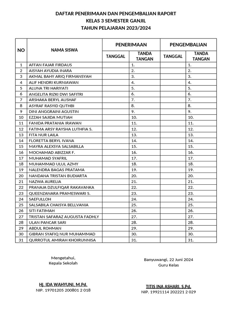 Daftar Penerimaan Dan Pengembalian Raport Kelas 2 2023-2024 | PDF