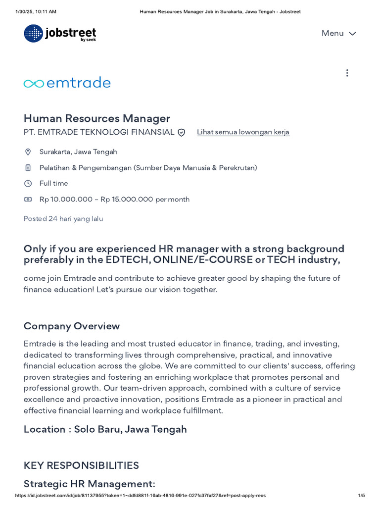 Human Resources Manager Job in Surakarta, Jawa Tengah - Jobstreet | PDF ...