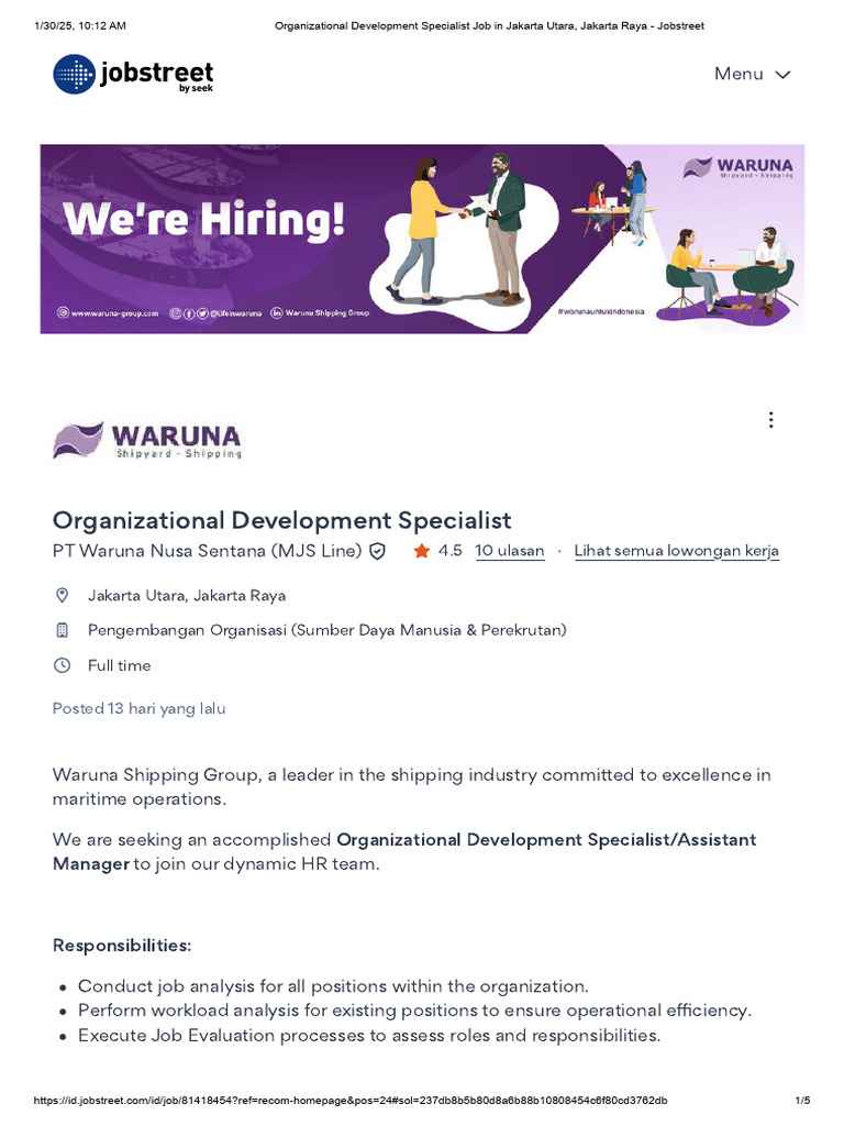 Organizational Development Specialist Job in Jakarta Utara, Jakarta ...