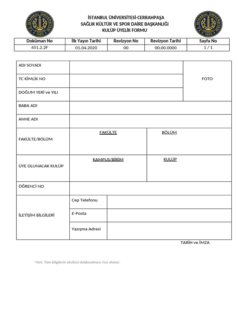 Kulup Uyelik Formu (451.2.2f) | PDF
