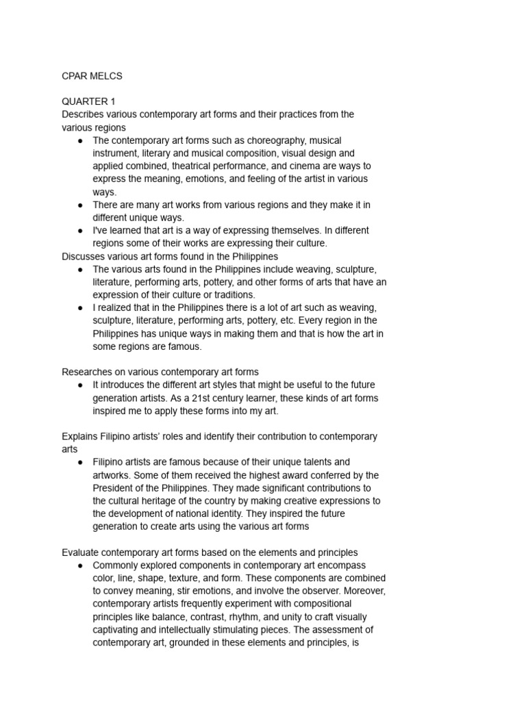 cpar melcs | PDF | Composition (Visual Arts) | Liberal Arts Education