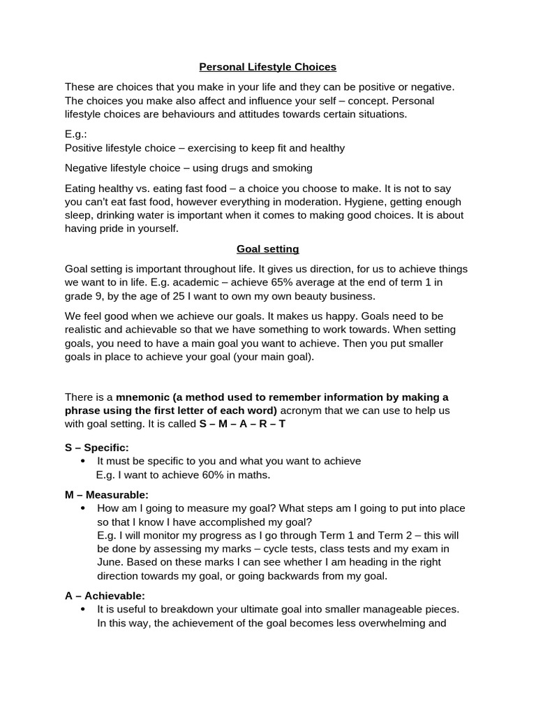 Understanding Personal Lifestyle Choices | PDF | Goal | Goal Setting