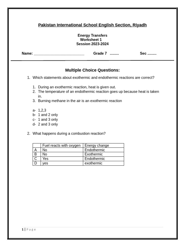 Worksheet Energy Transfers (CH#18) | PDF | Combustion | Chemical Reactions
