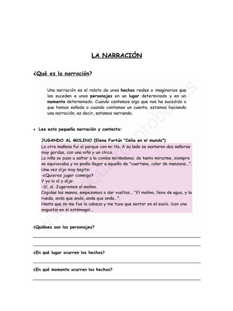 Ejercicios Elementos Narración | PDF