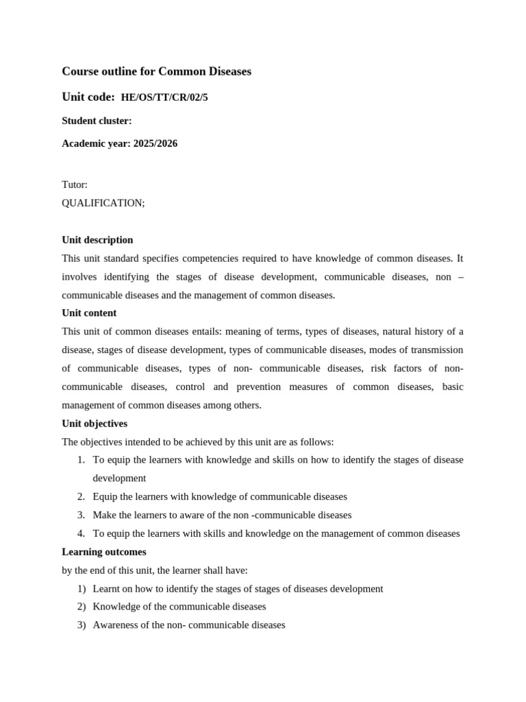 Common Diseases Course Outline | PDF | Educational Assessment | Infection