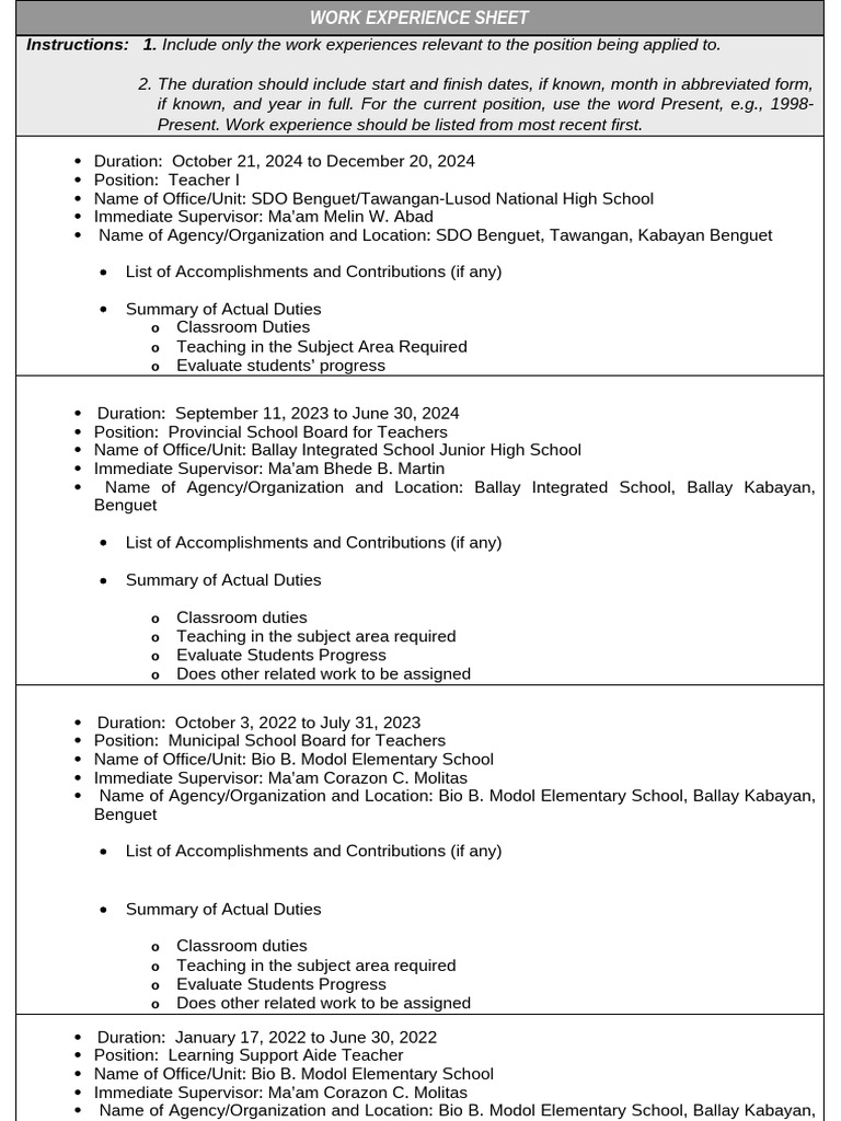 CS Form No. 212 Attachment - Work Experience Sheet | PDF | Teachers ...